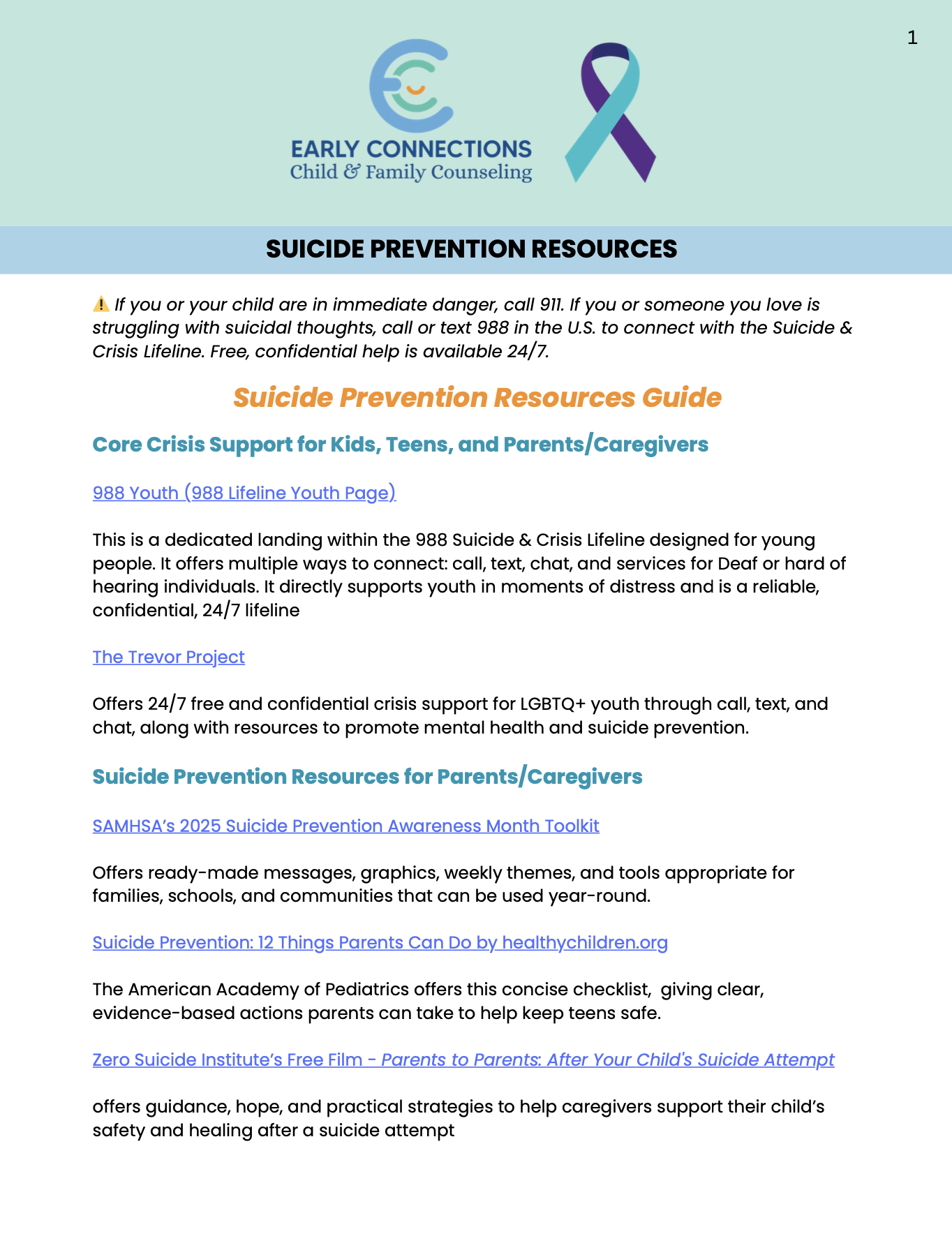 Crisis Resources - Early Connections Child & Family Counseling